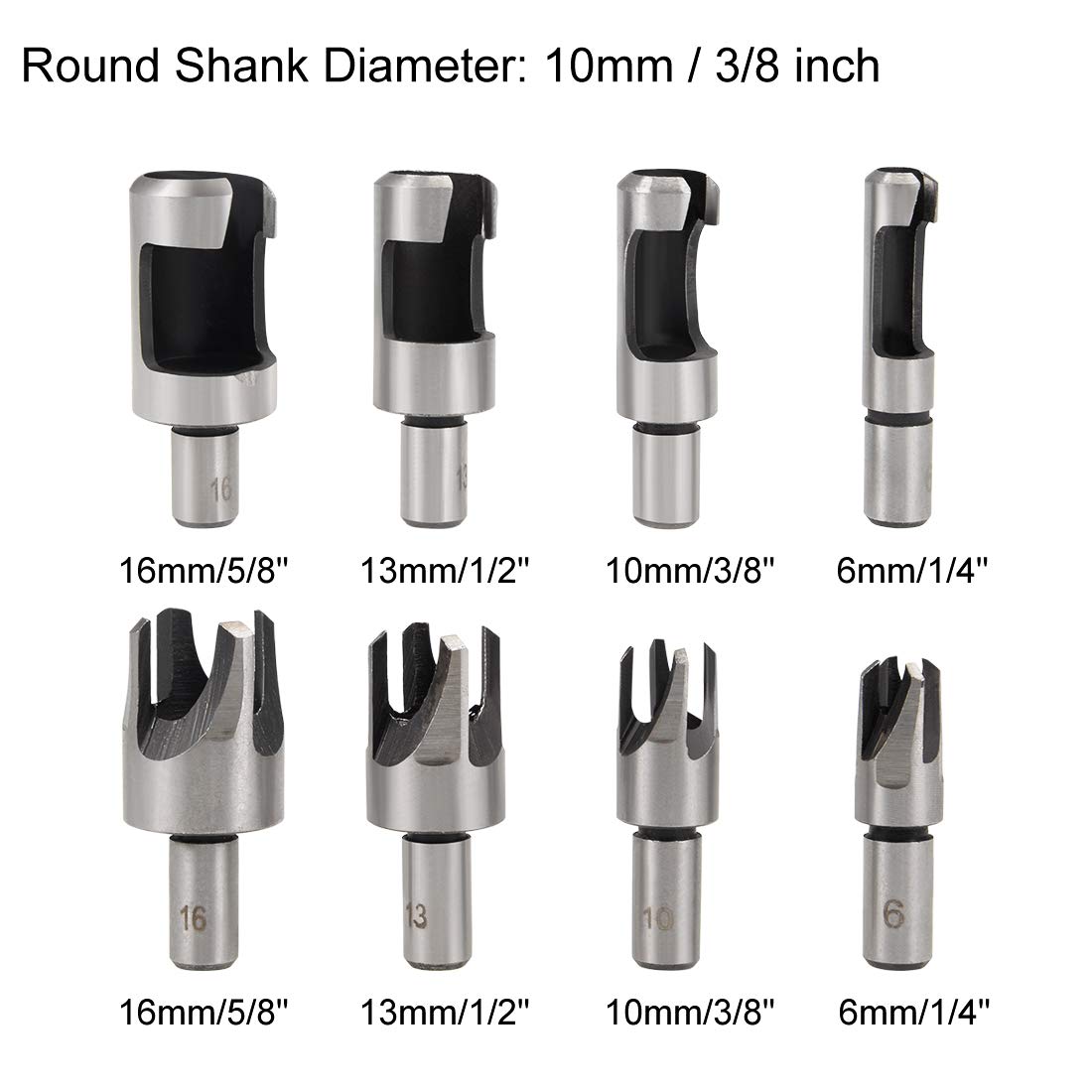uxcell Wood Plug Cutter Drill Bit Set 1/4” 3/8” 1/2” 5/8” Barrel Cork Tenon Hole Saw Cutting Tool for Woodworking, High Carbon Steel 8in1 Set