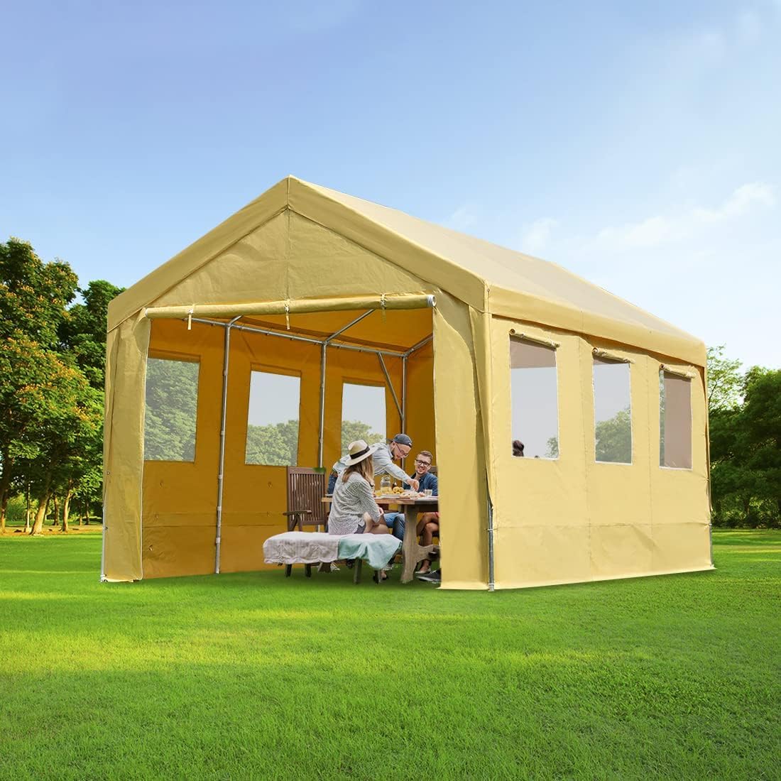 ADVANCE OUTDOOR 10x20 ft Heavy Duty Adjustable Carport with 6 Roll-up Ventilated Windows & Removable Sidewalls Car Canopy Garage Boat Shelter Party Tent, Peak Height from 9.5ft to 11ft, Beige Yellow