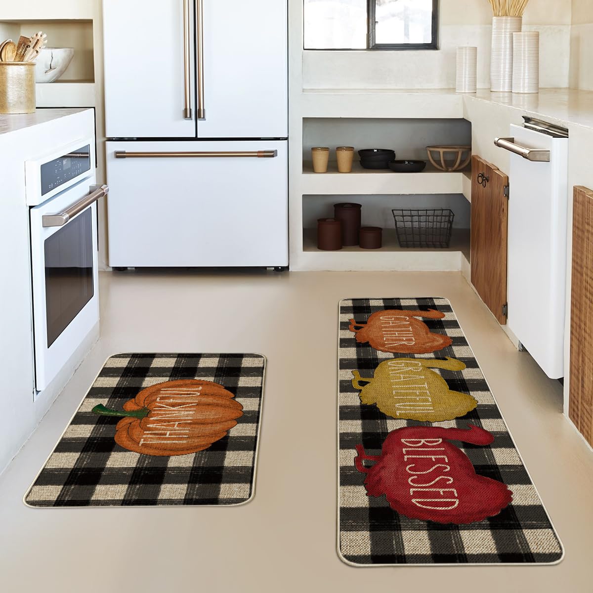 Artoid Mode Buffalo Plaid Pumpkin Turkey Thanksgiving Decorative Kitchen Mats Set of 2, Fall Home Low-Profile Floor Kitchen Rugs-17x29 and 17x47 Inch