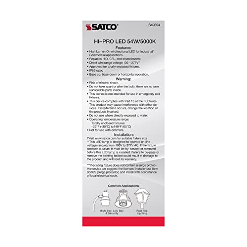 Satco S49394 Hi-Pro High Lumen LED Corncob Light Bulb, HID Replacement, 54 Watts, White
