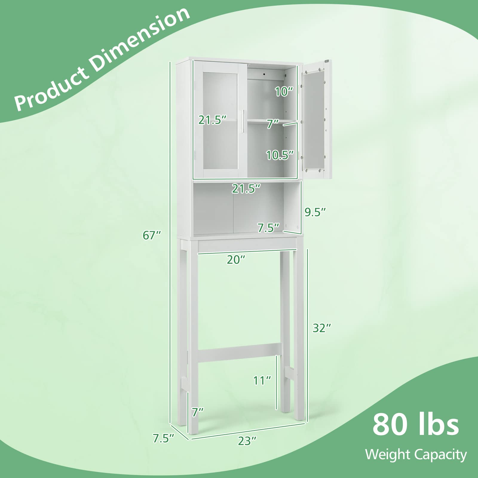 BestComfort Over The Toilet Storage Cabinet, Bathroom Organizer with Frosted Glass Doors, Adjustable Shelf, Open Compartment, Freestanding Over Toilet Rack Unit for Washroom Laundry (67'' H)