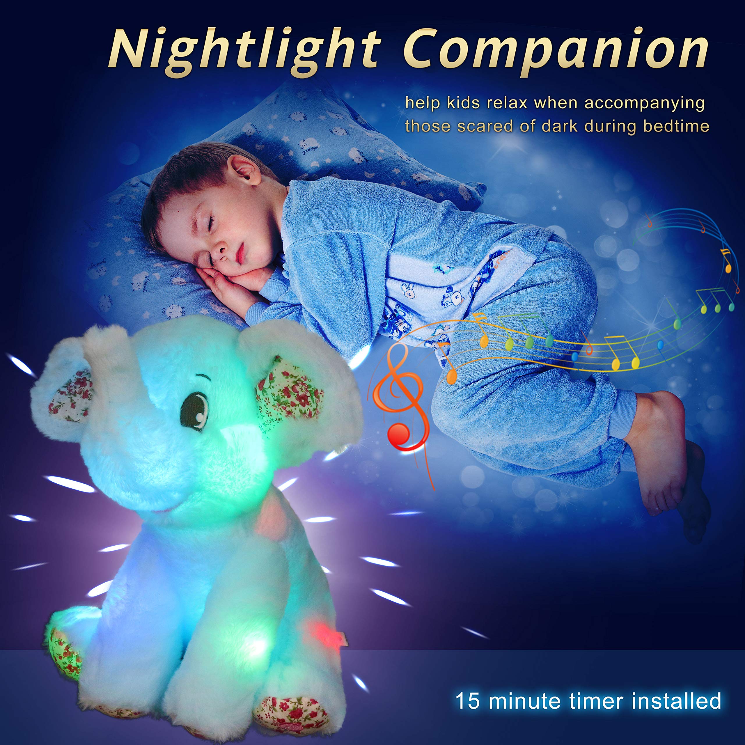 BSTAOFY 12ββ Musical Light Up Elephant Plush Toy Floppy LED Stuffed Animals Lullabies Nightlight Bedtime for Kids Birthday Valentines for Toddlers, Blue