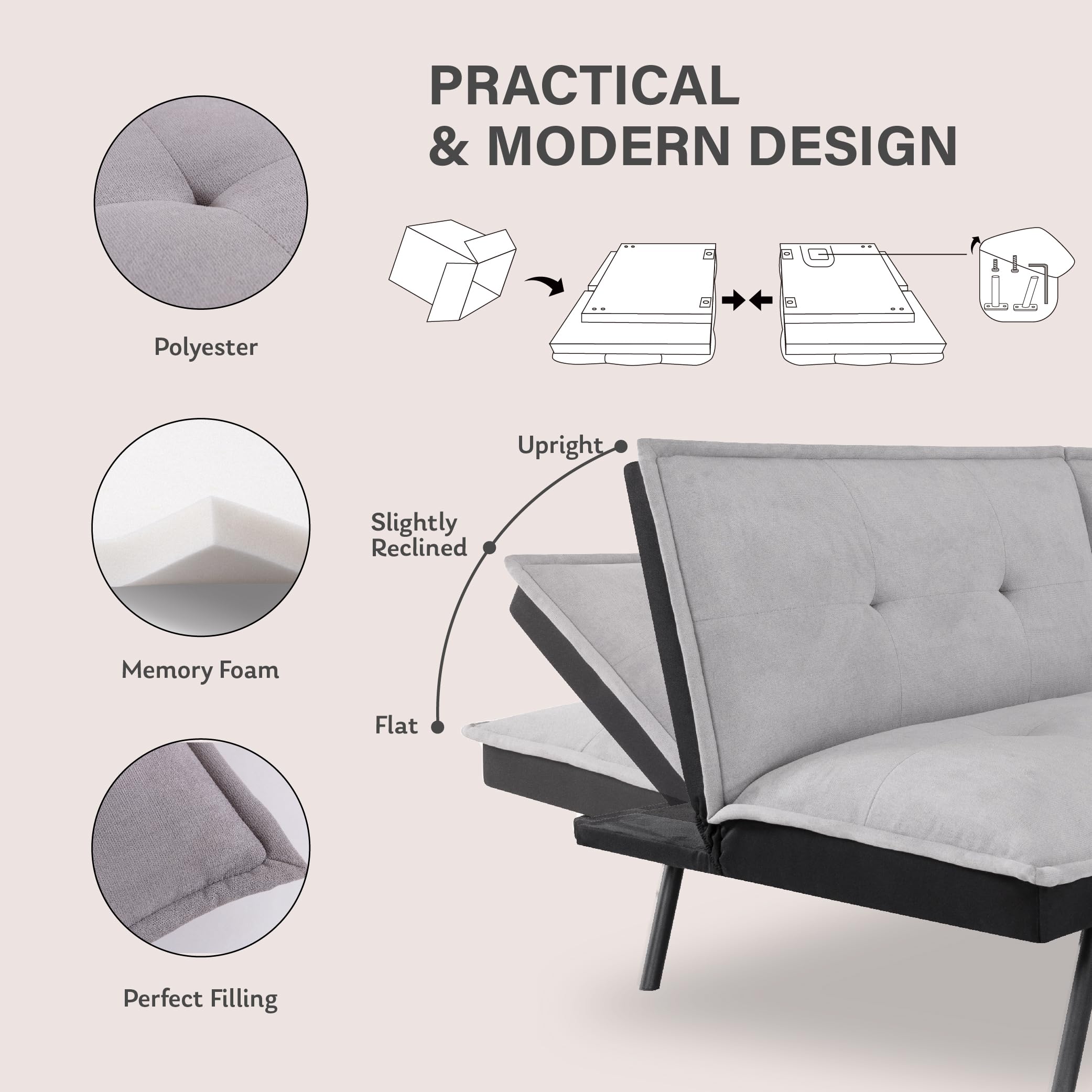 Futon Sofa Bed, Memory Foam Futon Couch with Adjustable Backrest, Multi-Functional Design Convertible Sofa Bed, Space-Saving Sleeper Sofa for Living Room(Brown-New)