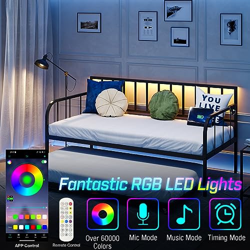CollaredEagle Daybed with Trundle, Adjustable Sofa Bed Frame with Charging Station, Metal Twin Daybed with LED Lights for Living Room, Bedroom and Guest Room, Black