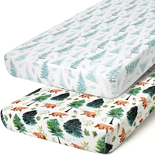 ACRABROS Crib Sheets for Girl Boy: Stretchy Baby Fitted Crib Mattress Sheets Sets 2 Pack Standard Size Ultra Soft Neutral, Bears &Forest