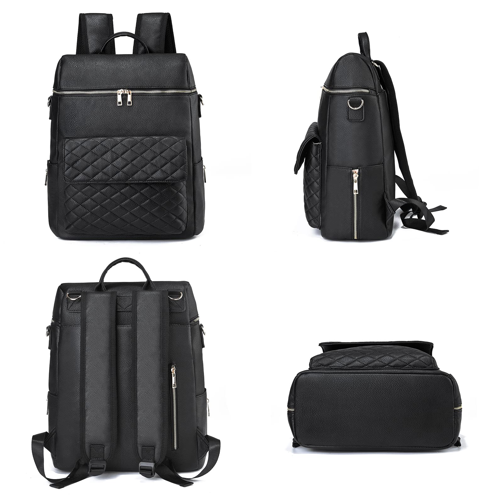 Diaper Bag Backpack Leather Baby Bag with Multiple Pockets, Changing Station, Stroller Straps, Large Capacity for Wet Clothes, Breast Pump, Milk Bottle Black