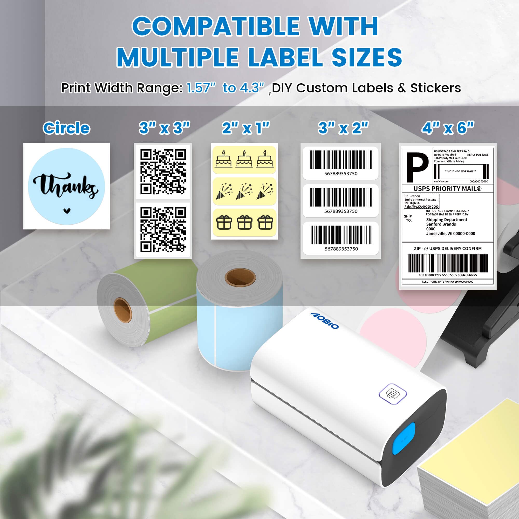 AOBIO Thermal Label Printer 4 x 6 - Shipping Label Printer - High Speed Desktop Label Printer for Barcodes, Mailing, Labels and Compatible with Amazon, Ebay, Shopify, FedEx, Ups, DHL, USPS