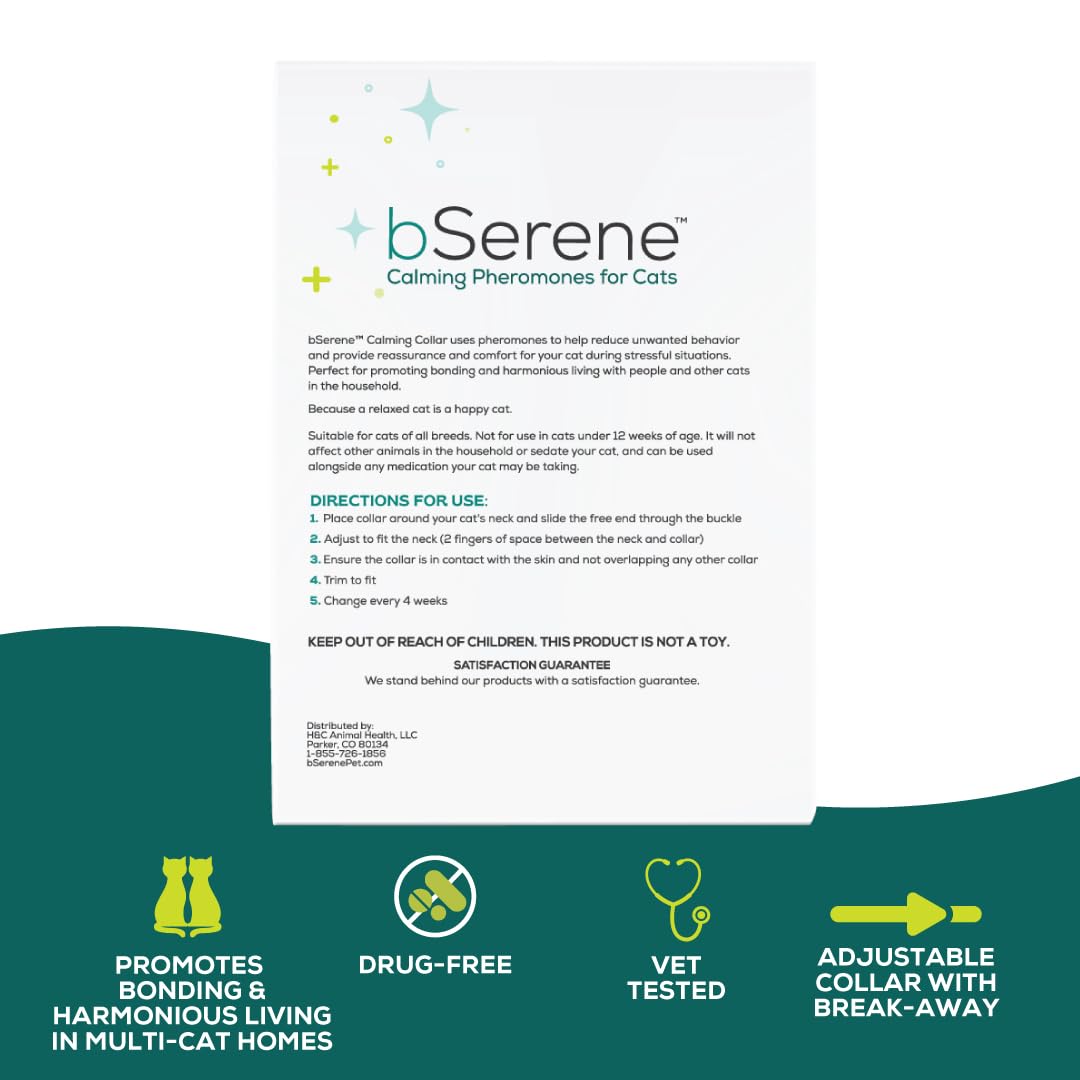 bSerene Pheromone Calming Collar for Cats Up to 30 Days Stress Relief Promotes Calmness, Reduces Hiding, Excessive Meowing, Urine Marking, Aggression, Travel Stress Drug-Free, Vet-Tested