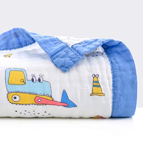 Jay & Ava Baby Muslin Blanket, Soft Toddler Cotton Blanket for Boy, 4 Layers Bed Throws for Baby Crib, Multicolor Printed Summer Quilt for Baby, Large 42β x 42β (Blue Digger)