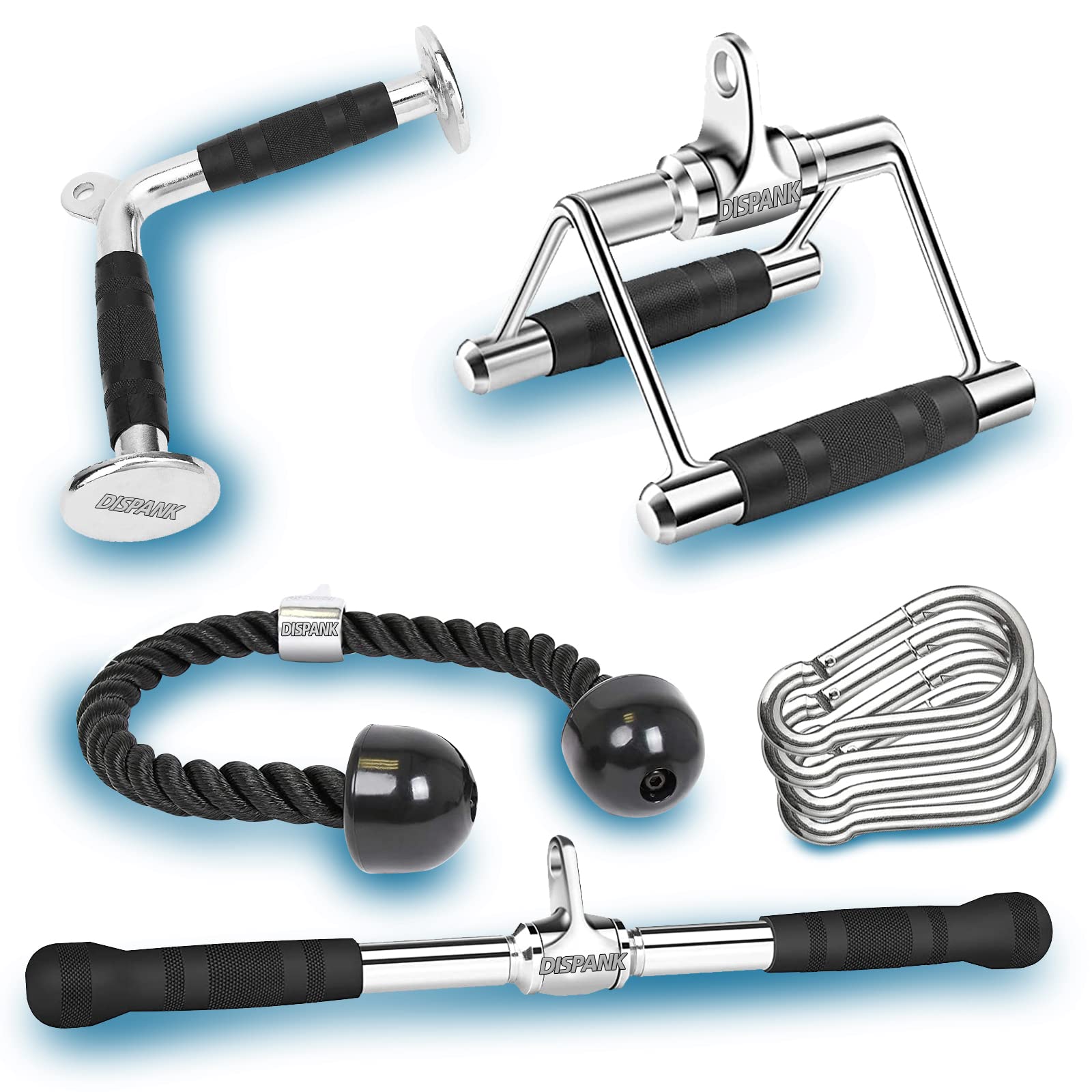 DISPANK Cable Machine Attachments Pull Down Attachments Set, LAT Pull Down Accessaries, Tricep Rope, V-Shaped Bar, Rotating Straight Bar and Double D Row Handle Rotating