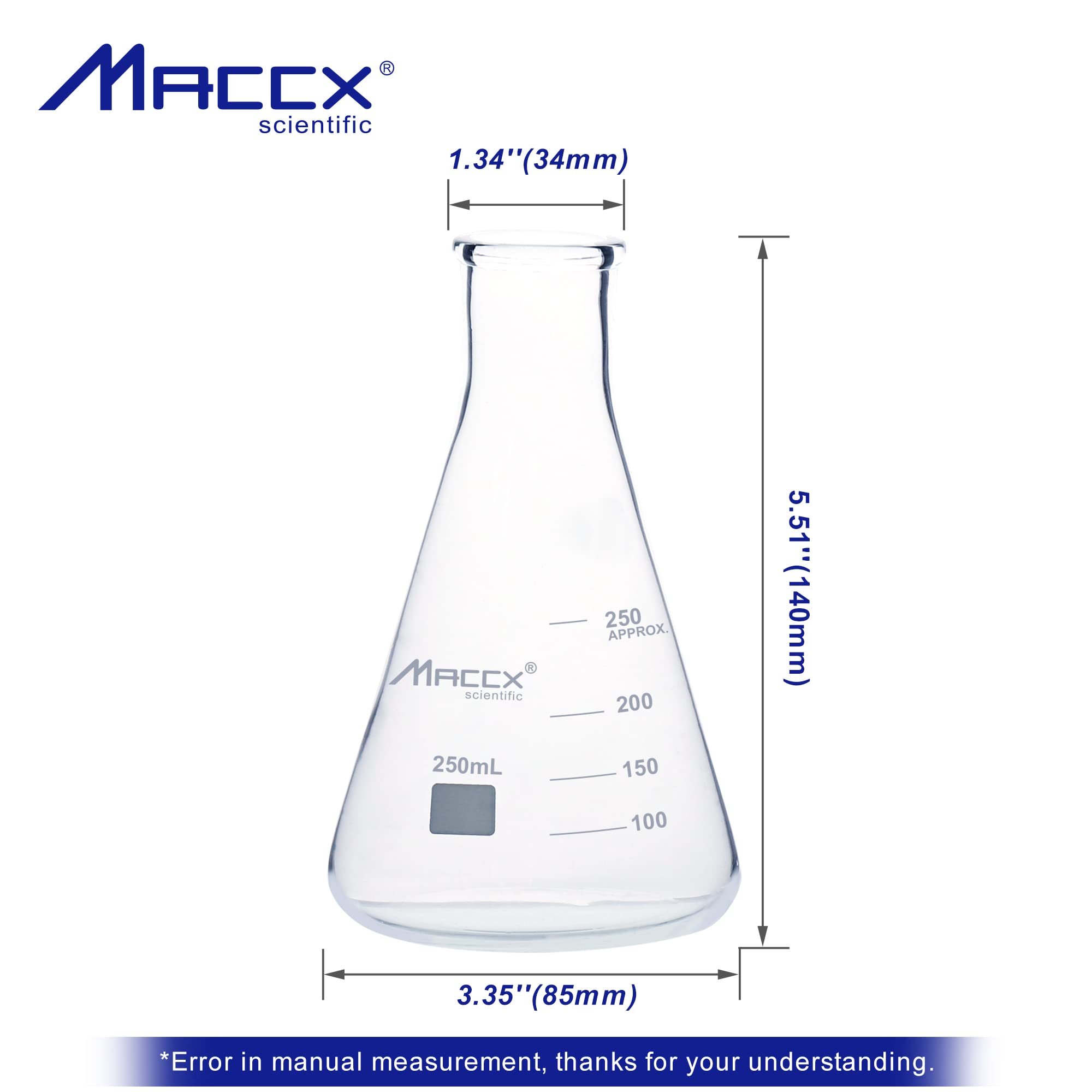 Maccx 8.5oz(250ml) Narrow-Mouth Sturdy Glass Erlenmeyer Flask, 3.3 Borosilicate with Printed Graduation, Pack of 4, EFN250-004