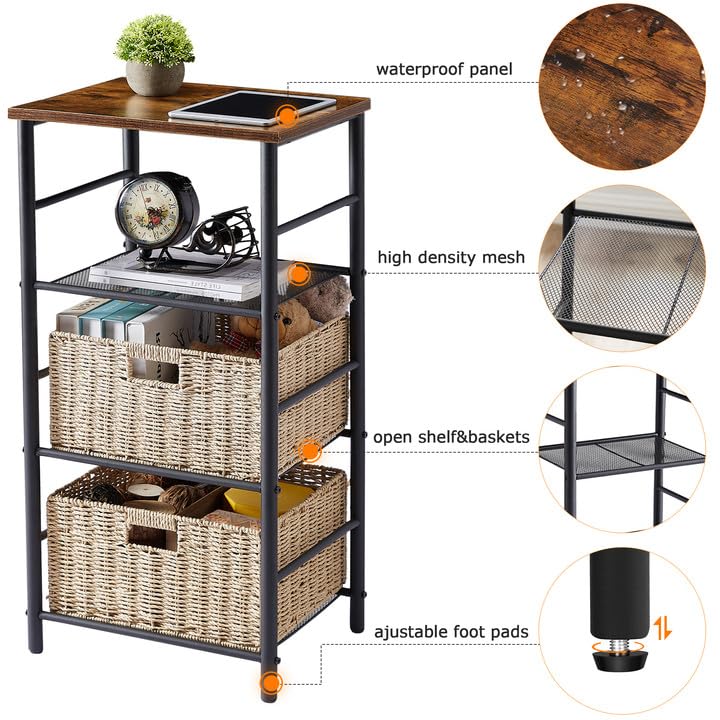 VECELO Tall Side Table, 3-Tier Telephone Stand with Storage Shelf and Baskets, High Nightstand for Small Space, Living Room, Bedroom, Office, Brown