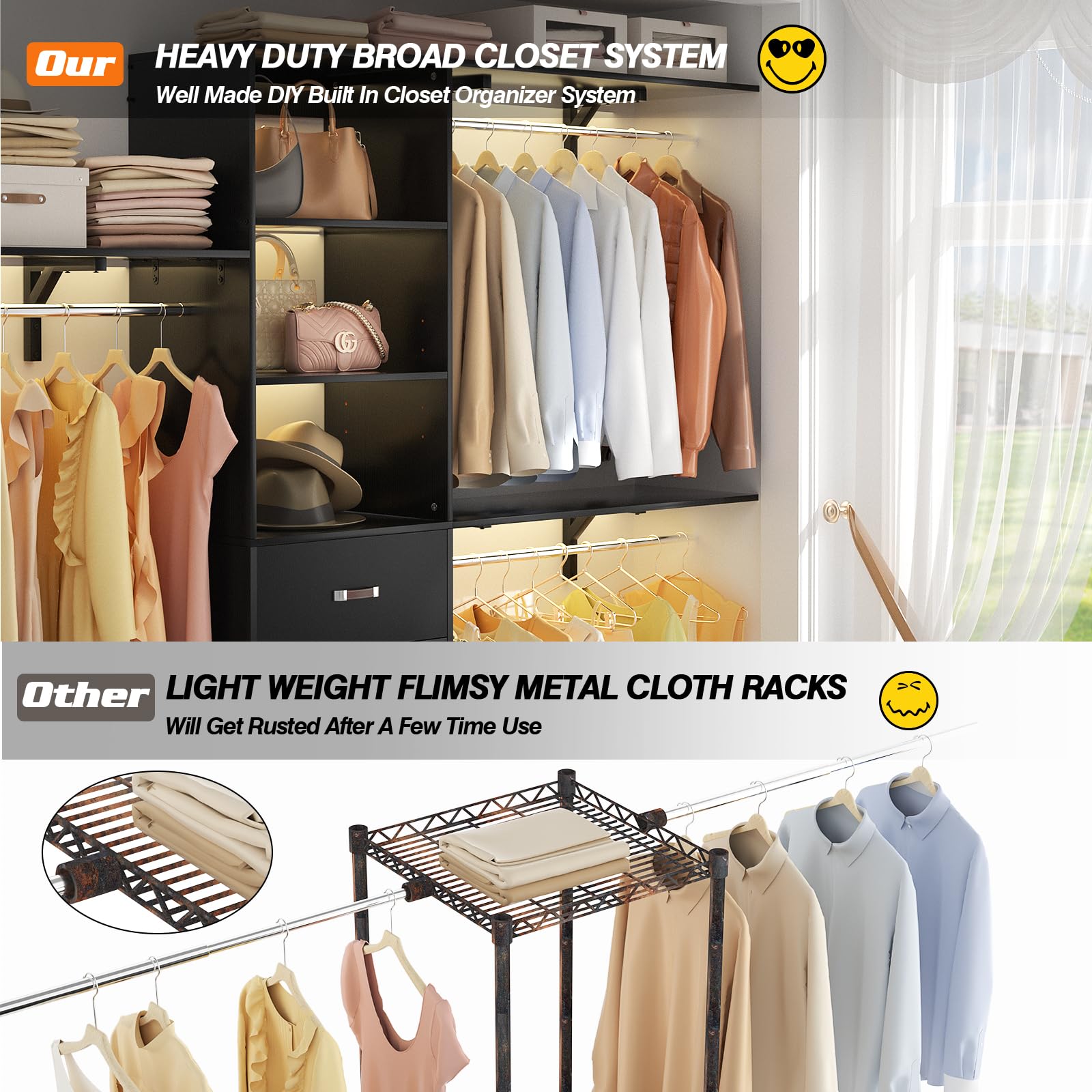 iSunirm 8FT Closet System, 96'' Closet Organizer System with 3 Hanging Rods, Wall Mount Bedroom Wardrobe with 3 Drawers Walk-in Closet, Adjustable Cloth Garment Rack from 5 to 8FT (Cut to Fit), White