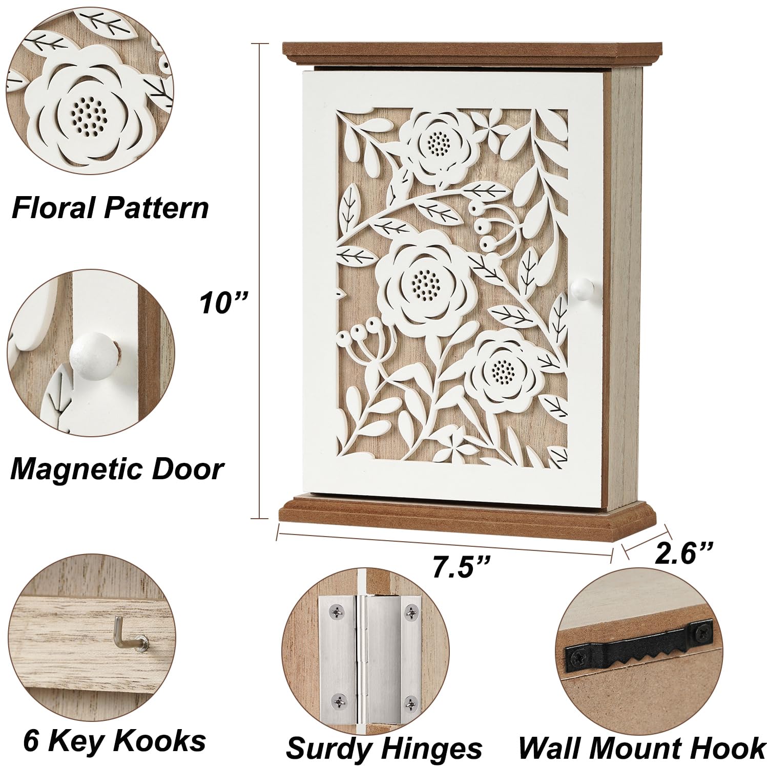 QILICHZ Decorative Key Holder for Wall,Wood Key Holder Wall Mount,Wooden Wall Key Holder,Farmhouse Key Rack with 6 Key Hook,Key Hanger Wall Mount for Rustic Home Decor, White