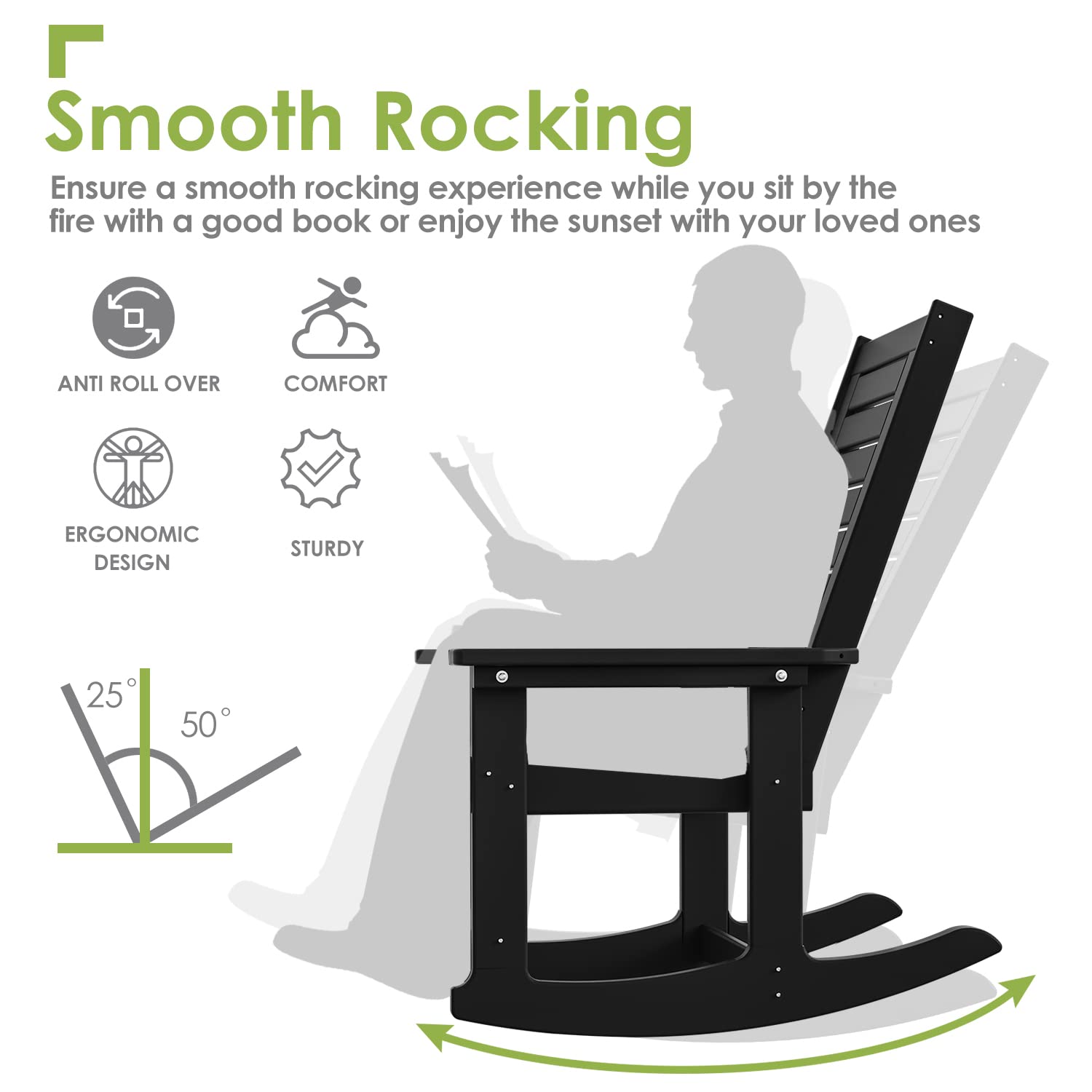 GREENVINES Oversized Rocking Chair, All Weather Resistant Outdoor Indoor Fade-Resistant Patio Rocker Chair,Stable Durable Smooth Rocking, Comfortable Easy to Maintain, Load Bearing 350 lbs (Black)