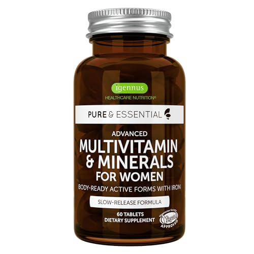 Advanced Women's Multivitamin, Methylated Folate for MTHFR, Clean Label & Vegan, with Iron, Non-GMO, Sustained Release, 60 Tablets, by Igennus