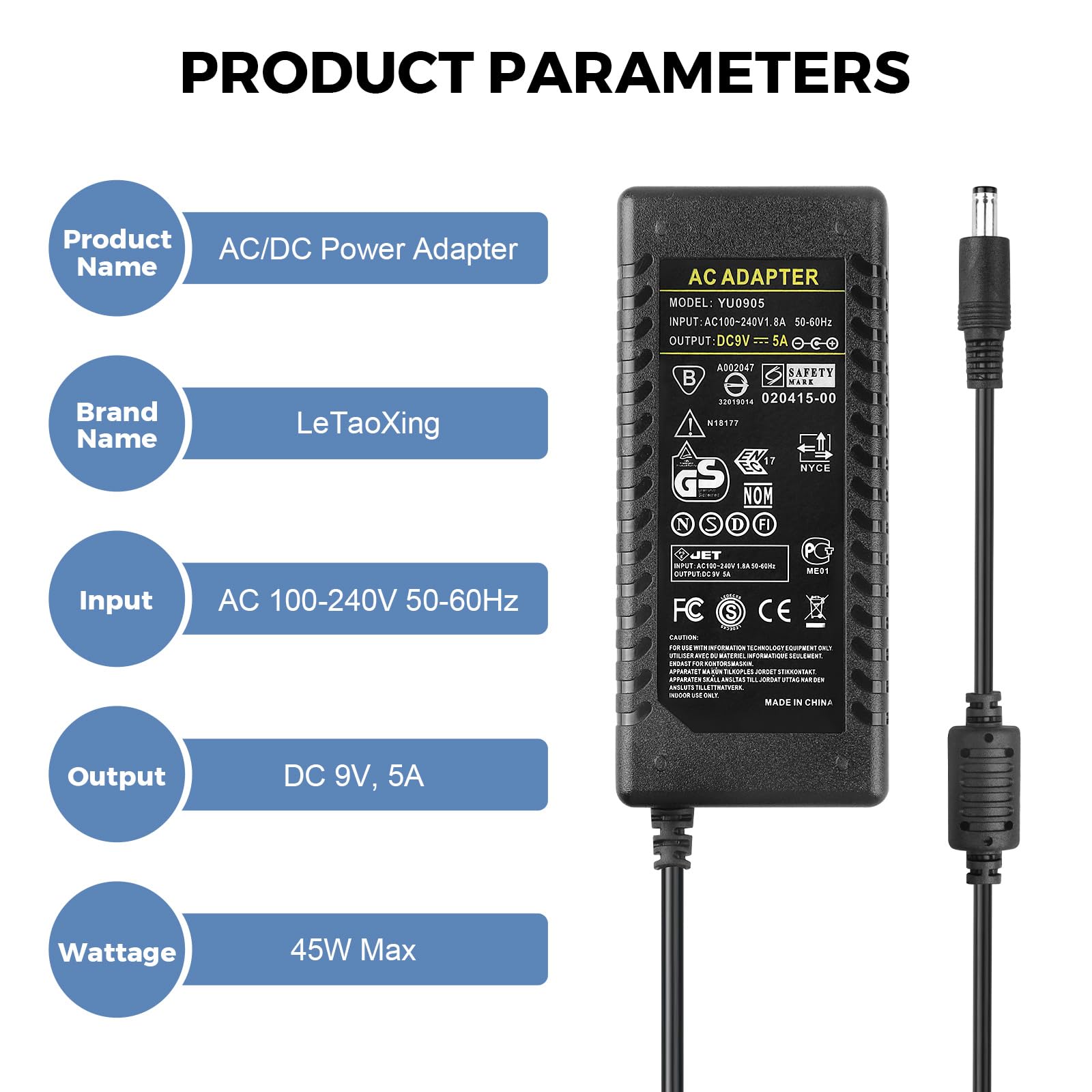 LeTaoXing 9V 5A Power Adapter Supply AC 100V~240V to DC 9 Volt 45W 5amp 9V/5A Converter Transformer with 5.5x2.5mm Plug Cord for Electrical Products