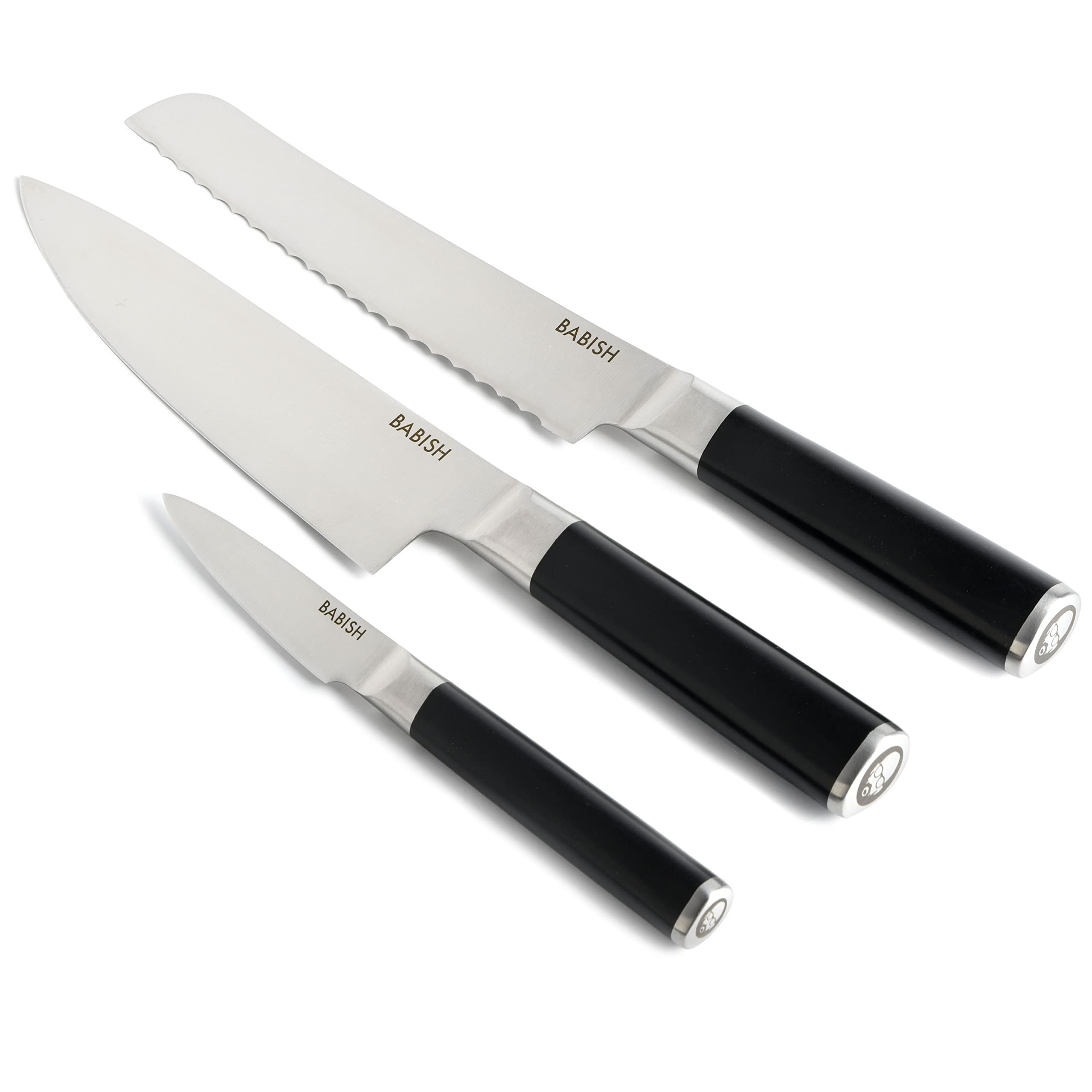Babish German High-Carbon 1.4116 Steel Cutlery, 3-Piece w/Knife Roll & 12β & 9β Locking Kitchen Tong Set, Stainless Steel