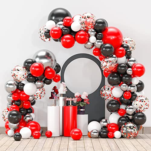 Black and Red Balloon Garland Kit Red Black White Metallic Silver Confetti Balloons Arch for Baby Shower Graduation Circus Pirate Birthday Party Decorations