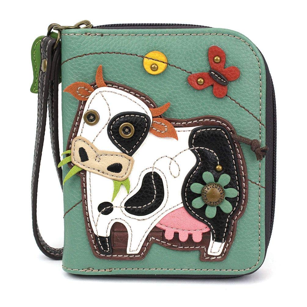 Chala Group Handbags Cow Zip-Around Wallet/Wristlet Cow Collectors, Teal, 5" x 6" x 1"