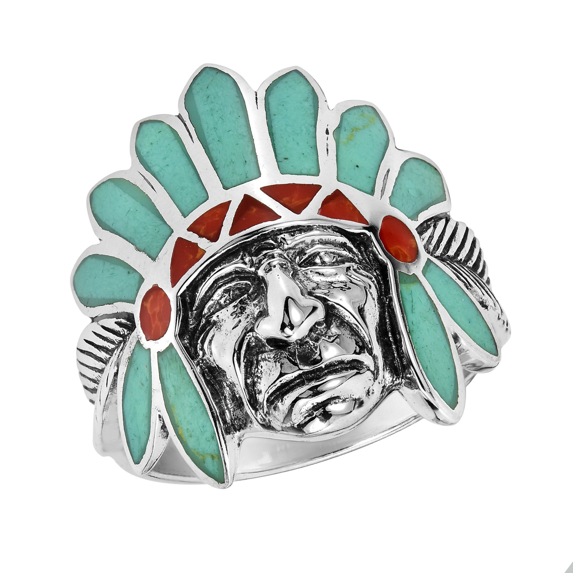 AeraVida Native American Style Reconstructed Red Coral-Green Simulated Turquoise Inlay .925 Sterling Silver Ring (9)
