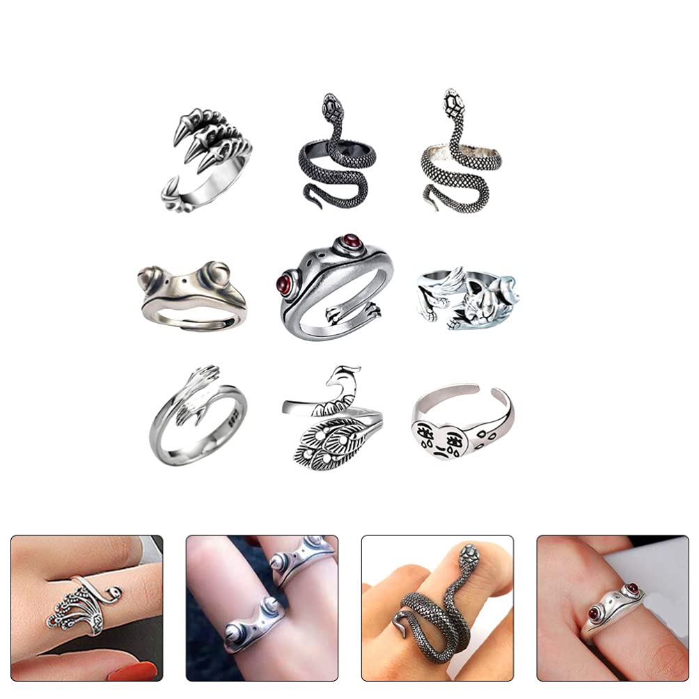 8-15 Pcs Vintage Open Punk Rings Set Adjustable Gothic Rings Cool Stackable Animal Rings Bulk Chunky Knuckle Finger Rings Snake Frog Rings for Women Men