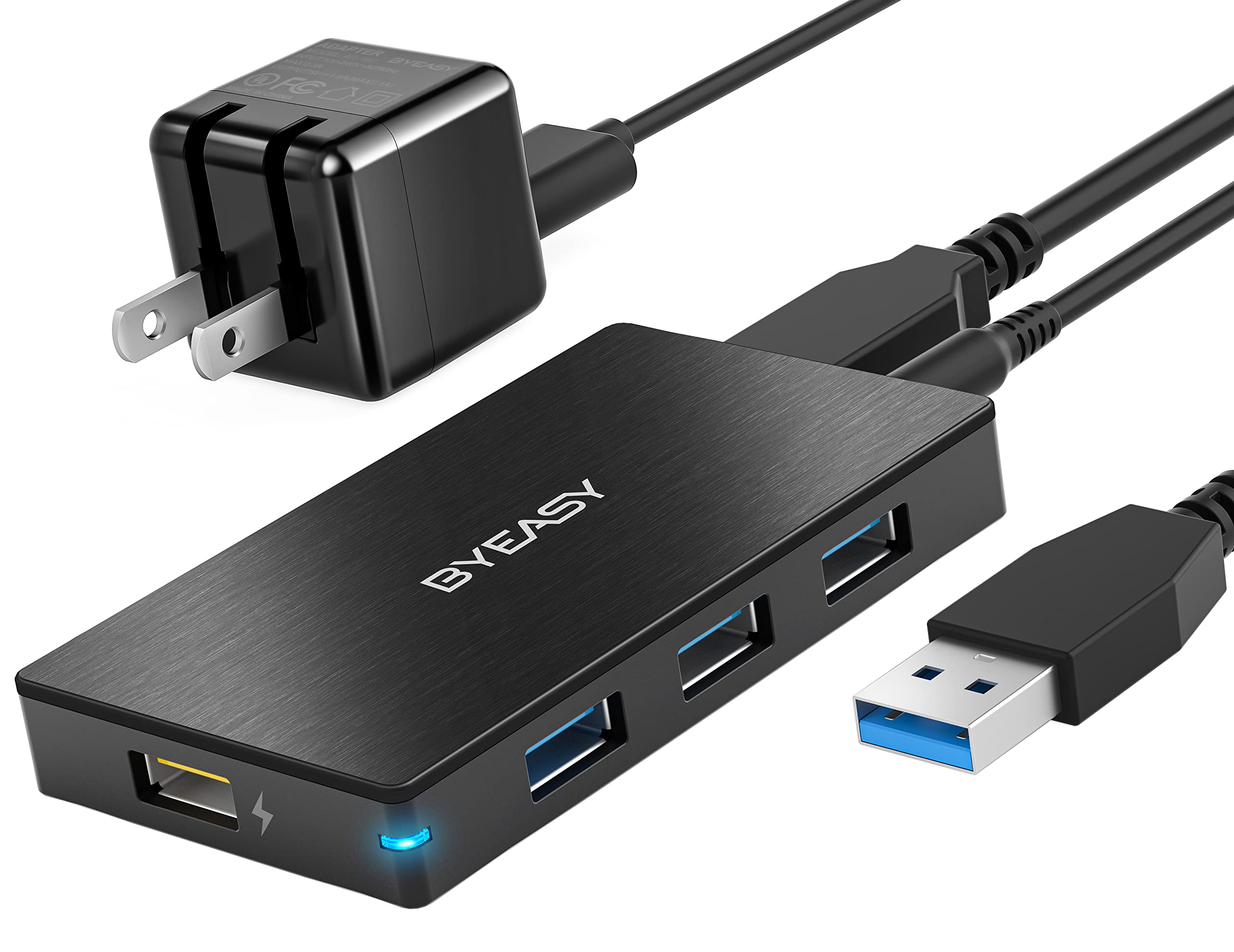 Universal Powered USB Hub, BYEASY Aluminum 3 Ports USB 3.0 Hub and 1 USB Smart Charging Port with Power Adapter, Slim USB Splitter for iMac Pro, MacBook Air/Mini, PS5, Surface Pro, Notebook PC, HDD