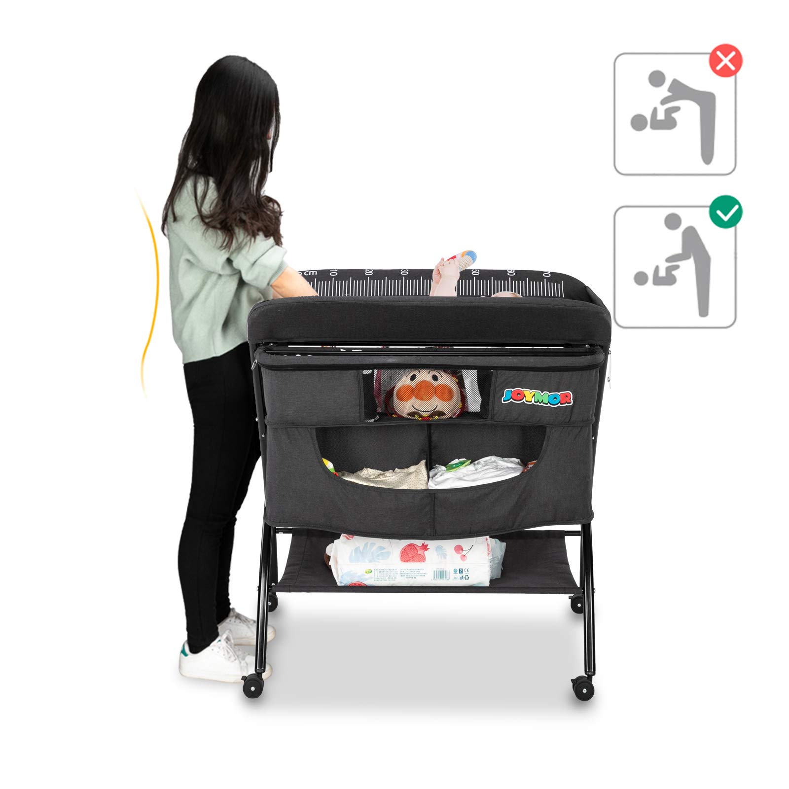 JOYMOR 2-in-1 Folding Baby Changing Table, Moblie Diaper Table for Infant, Portable Diaper Changing Station with Wheels, Large Storage Basket & Shelf Portable Nursery Organizer