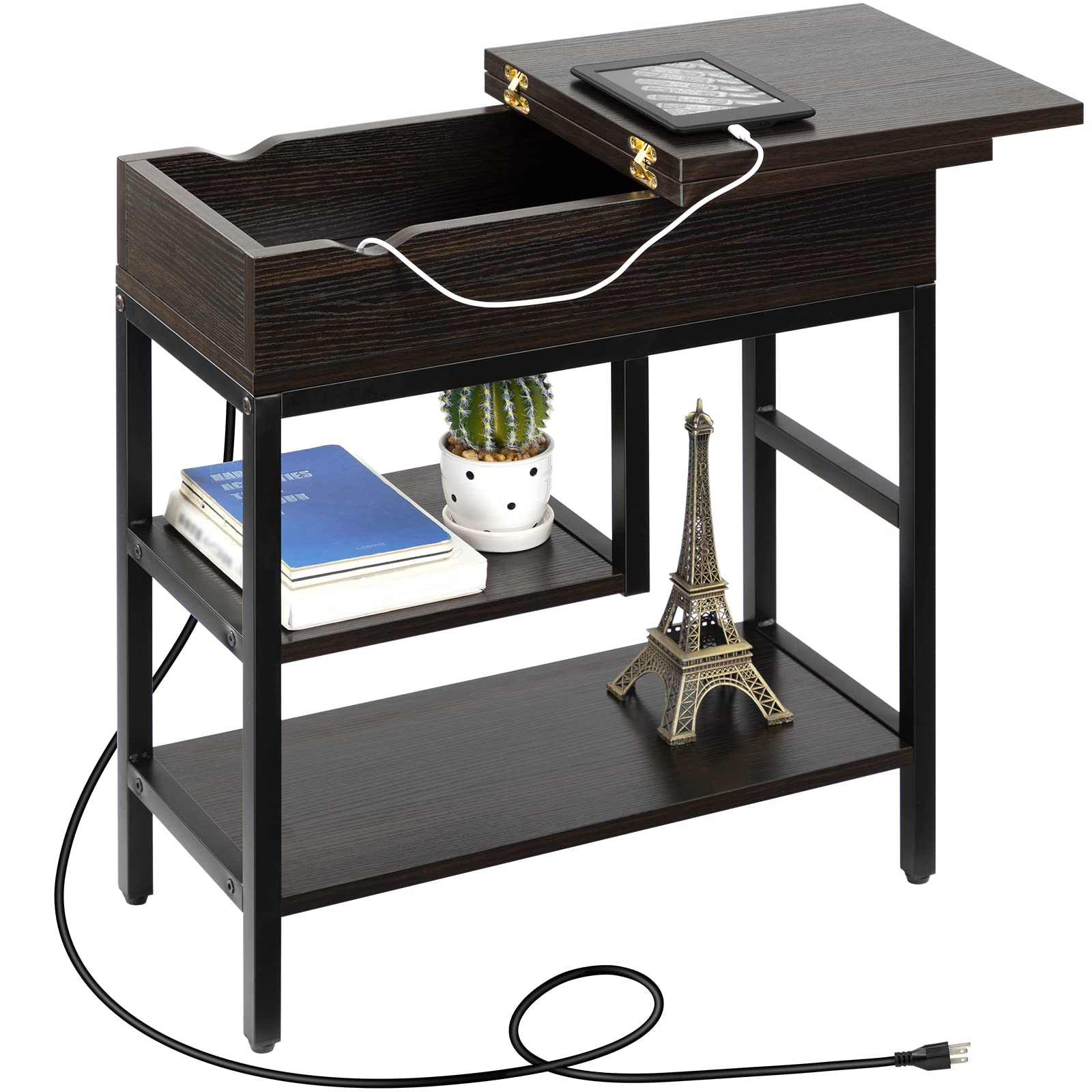 Hadulcet Side Table with USB Ports and Outlets, Narrow Sofa End Table with Storage Shelf for Small Spaces, Nightstand with Charging Station Bedside Table for Living Room, Black Walnut