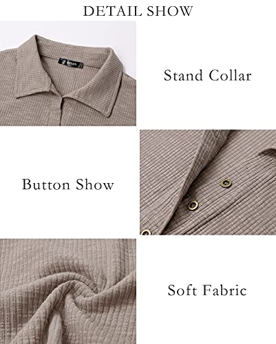 BTFBM Women Casual Button Down V Neck Blouses Long Sleeve Solid Color Stand Collar Knitted Fall Tops Cute Relaxed Fit Shirts(Solid Light Green, Small)