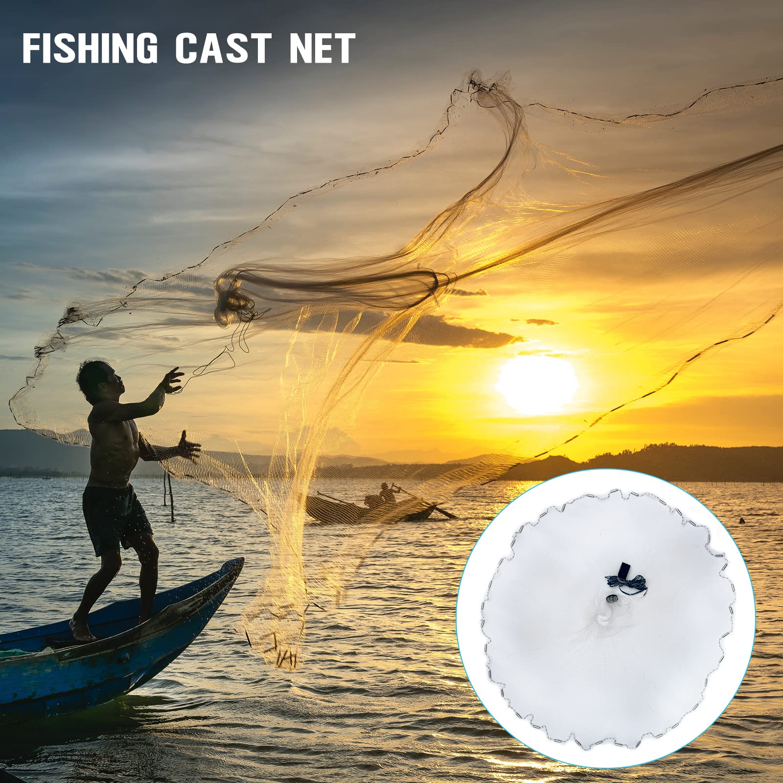 American Fishing Cast Net Saltwater Freshwater, 3/5inch Mesh Size Casting Net for Bait Fish,Strong Zinc Sinker, 4ft Radius Throw Cast Net