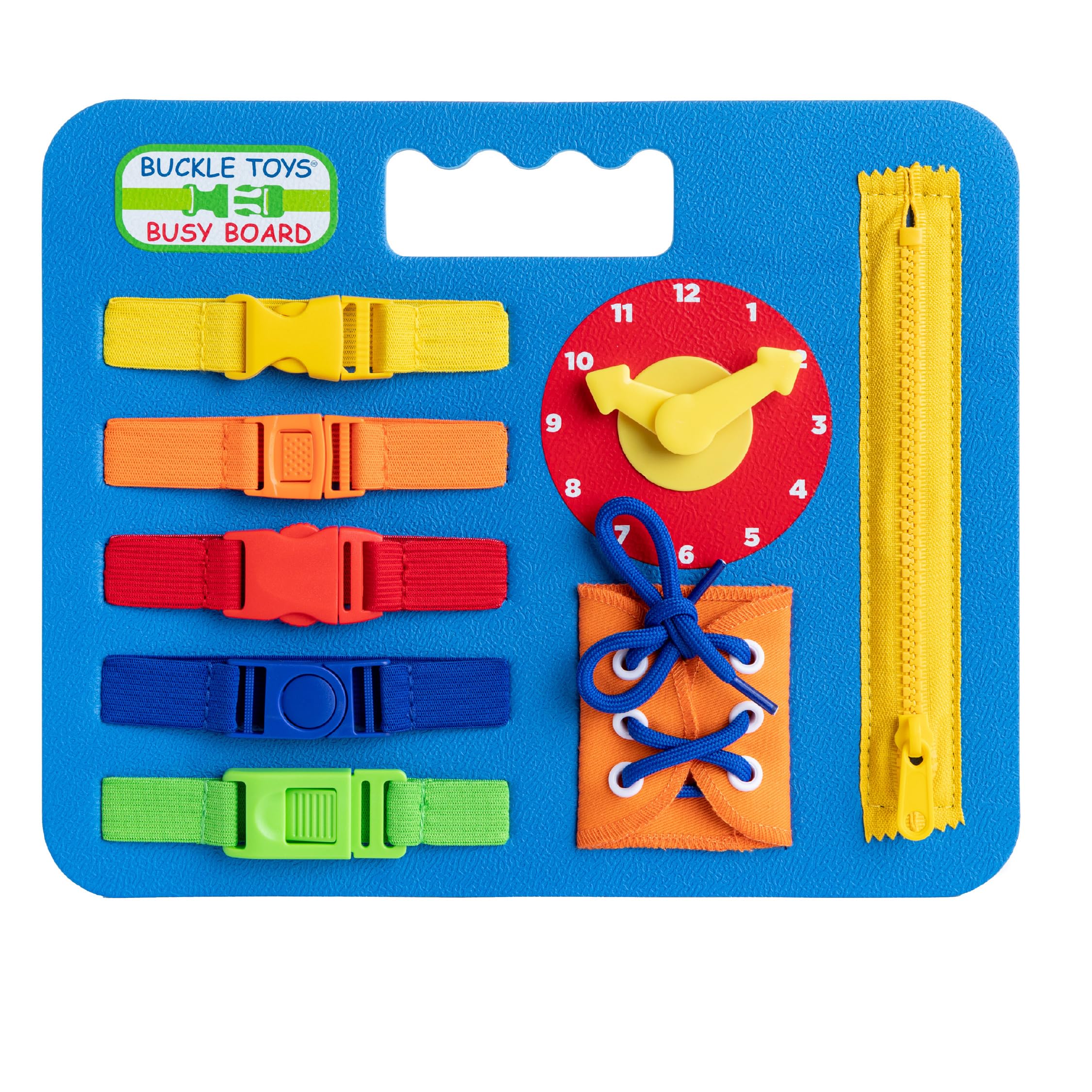 Buckle Toys Busy Board - Montessori Learning Toy for Toddlers Kids Road Trip Activities - Foam Sensory Board - Develop Fine Motor Skills - Blue