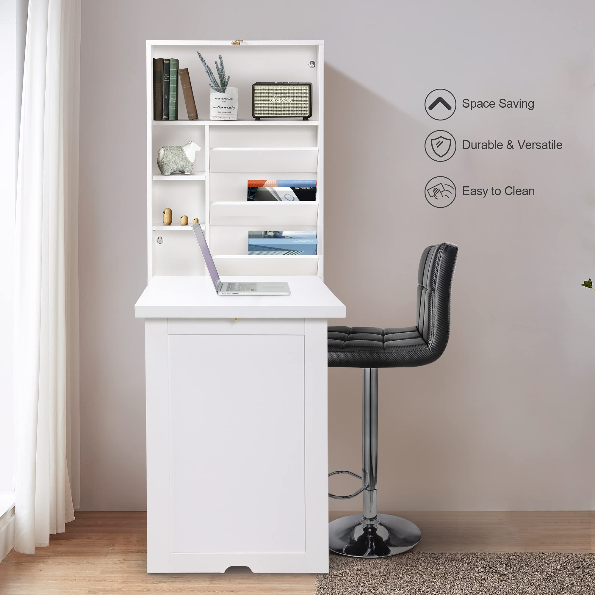 AOLIGI Modern Wood Folding Wall Mounted Desk Cabinet Convertible Foldable Writing Desk Floating Desk Dining Table for Home Office with Compartments Storage, Laptop Tabletop, White