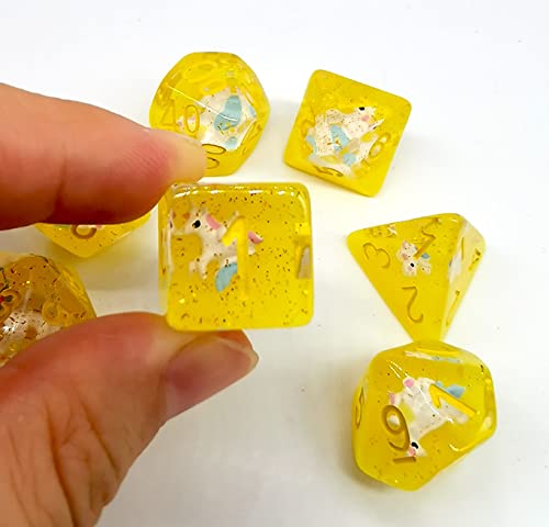 Heartstring Polyhedral DND Dice Set (7pcs), Unicorn Dice Set for Dungeons and Dragons RPG MTG and Other Table Games (Blue/Red/Purple/Yellow Unicorn) (Yellow)