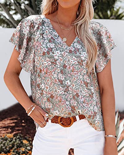 BTFBM Women Casual Boho Floral Blouse Shirts V Neck Long Puff Sleeve Lightweight Chiffon 2023 Fashion Summer Fall Tops(Short Floral Multicolor, Medium)