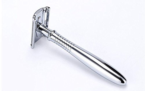 Heavy Duty Chrome Double Edge Safety Razor & Base Stand Long Handle Lengthen Version w/ 10 Platinum Super Sharp Blades + Mini Cleaning Brush & Pouch Manual Wet Shaving Gift Set for Men & Women