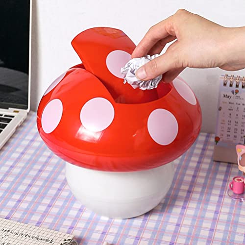 BESTonZON Tiny Desktop Waste Garbage Bin Mushroom Shaped Trash Can Plastic Mini Wastebasket Trash Can Cute Wastepaper Basket Waste Bin with Swing Lid for Office Home