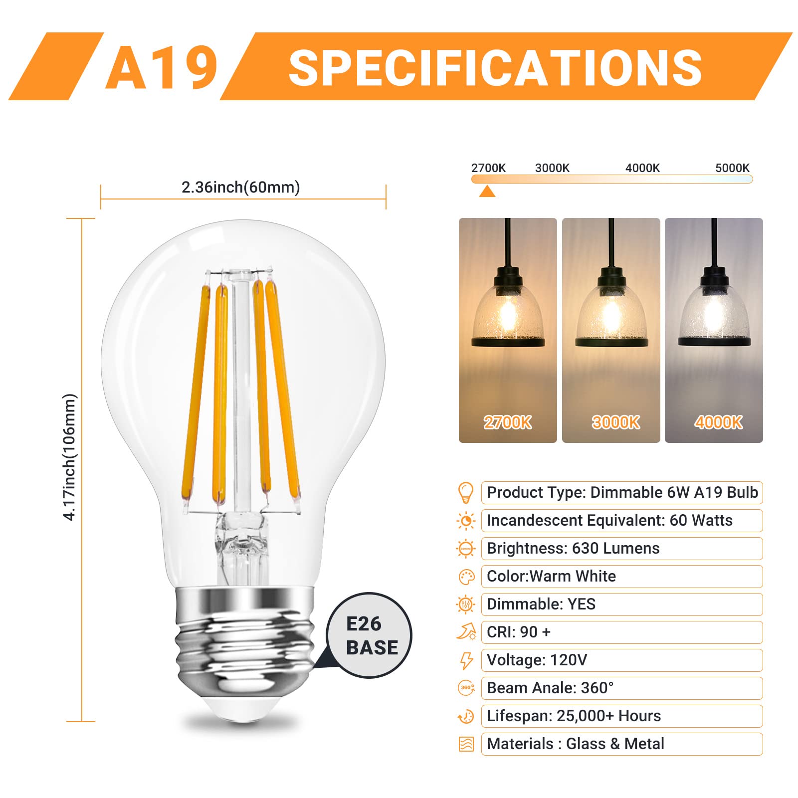 A19 E26 Base Dimmable Edison LED Bulbs, 6W(60 Watt Equivalent) Stepless Dimming Light Bulbs 630LM, 2700K Warm White, Vintage Clear Glass LED Filament Bulb for Home, Wall Sconce, Ceiling Fan, 6 Pack