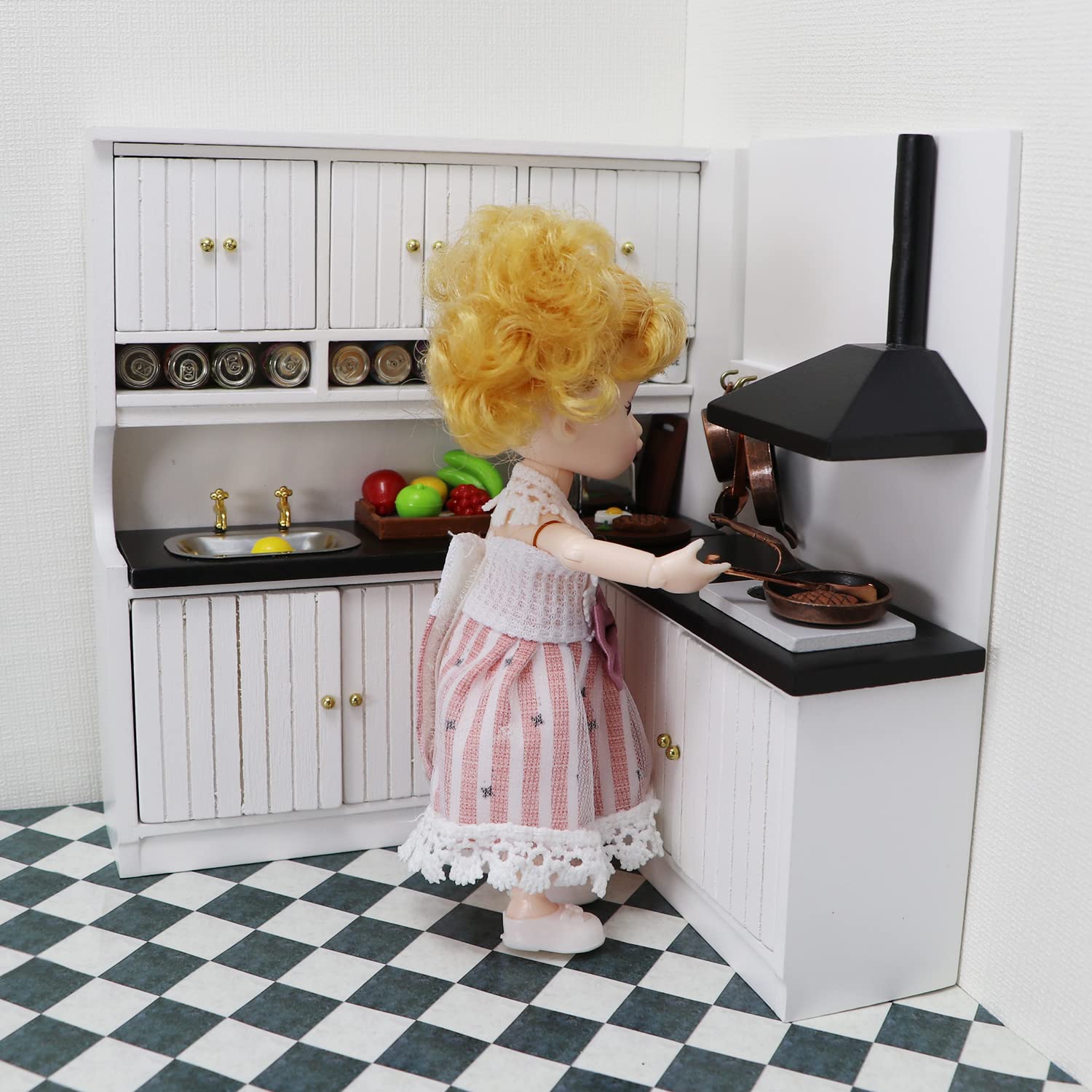 Dollhouse Kitchen Set Miniature Wooden Furniture Cabinet Dining Room Kitchen Kit 1/12 Scale Wooden Dollhouse Accessories (Style A)