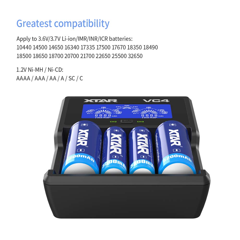 XTAR Battery Charger XTAR VC4 Universal Battery Charger LCD Display Battery Charger 18650 4 Slots