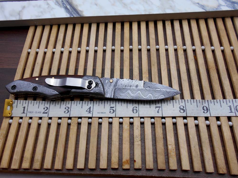 8" Long Folding Knife with Pocket Clip, Hand Forged Damascus Steel 3.5" Blade. Rose Wood Scale with Damascus Bolster, Cow Hide Leather Sheath Included with Belt Loop (Walnut Wood)