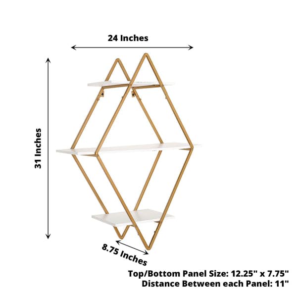 Efavormart 31" Geometric Diamond Shaped 3-Tier Gold Metal Dessert Cupcake Stand Rack, Wall Hanging Display Shelf Display, Book Shelf with White Wood Panels