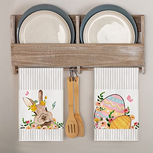 Artoid Mode Stripes Beige Bunny Rabbit Eggs Easter Kitchen Towels Dish Towels, 18x26 Inch Seasonal Spring Flowers Leaves Holiday Decoration Hand Towels Set of 2