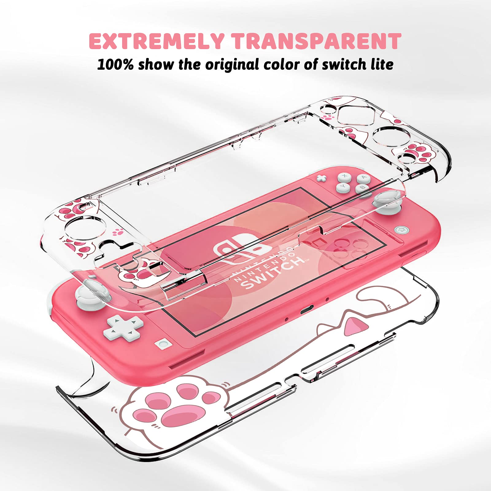 DLseego Protective Case for Switch Lite, Hard PC Clear Anti-Shock Split Cover with Cat-Pad Pattern