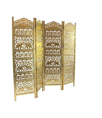 Deco 79 Wooden Scroll Handmade Partition Room Divider Screen Hinged Foldable Partition 4 Panel Privacy Screen with Carved Elephant Accents, Room Partition 80" x 1" x 72", Gold