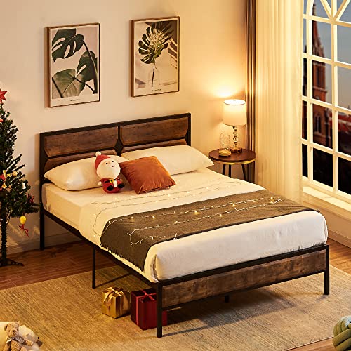 VECELO Full Size Platform Bed Frame with Wood Headboard/Mattress Foundation/Premium Steel Slats Support/No Box Spring Needed,Brown(Modern)