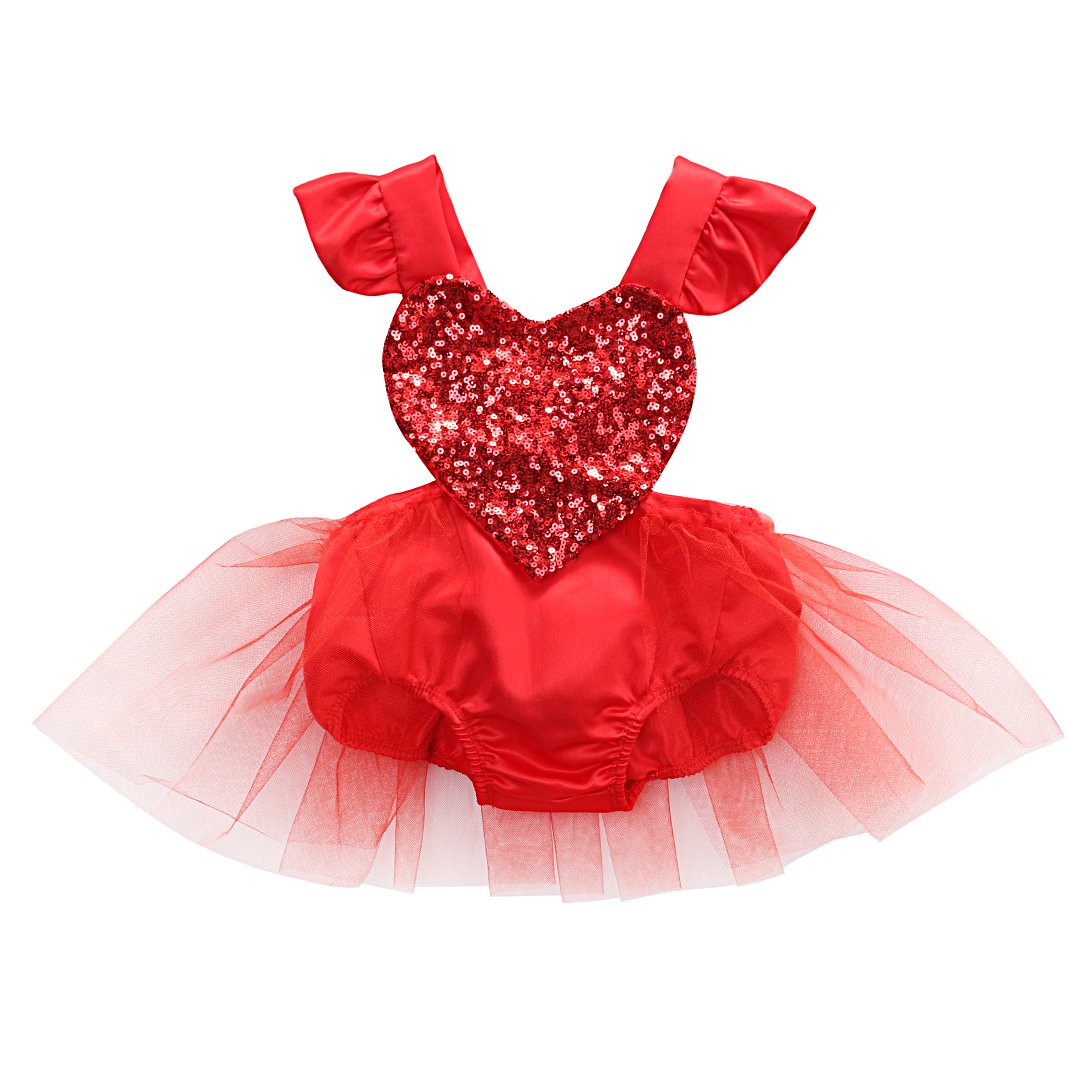 Newborn Baby Girls Valentine Romper Tutu Dress Fly Sleeve Heart Sequins Bodysuit Jumpsuit Summer Outfit 0-3Y (6-12M, Red)