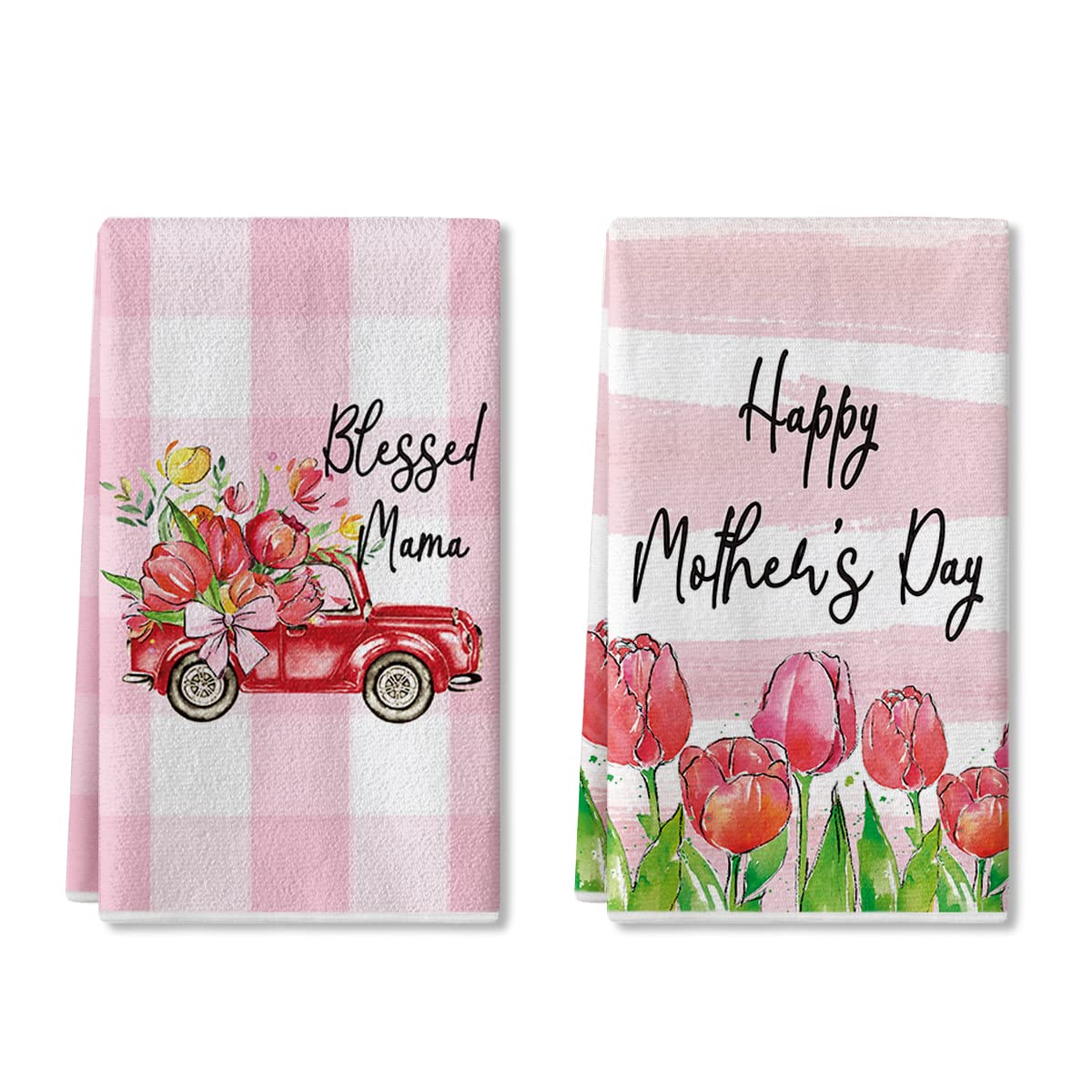 Artoid Mode Watercolor Stripes Buffalo Plaid Tulip Blessed Mama Happy Mother's Day Home Kitchen Towels, 18 x 26 Inch Ultra Absorbent Coffee Tea Bar Hand Towels Gift for Cooking Baking Set of 2