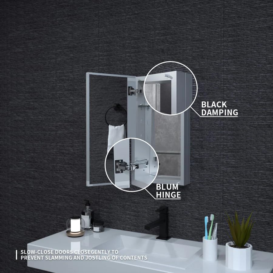 Liviza 12 in.W x 24 in.H Frameless Wall Recessed or Surface-Mount Bathroom Medicine Cabinet with Beveled Single Mirror, Built-in 3-Tier Glass Shelf, Copper-Free Silver Mirror, Silver Aluminum Frame