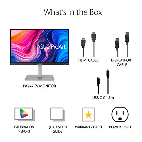 ASUS ProArt Display PA247CV 23.8 inch Monitor – IPS, Full HD (1920 x 1080), 100% sRGB, 100% Rec. 709, Color Accuracy ΔE < 2, Calman Verified, USB-C, Compatible With Laptop & Mac Monitor,BLACK
